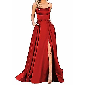 Prom Dresses Deep V Neck Prom Dresses Ladies Long Women Elegant Backless Long DressesCrisn Satin Spaghetti Party Prom Red