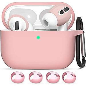 Loirtlluy Airpods Pro Silicone Case with 2 Pairs Ear Tips Covers， Soft Premium Skin Case Cover Shock-Proof Protective Case with Keychain for Airpods Pro, Front LED Visible, Pink