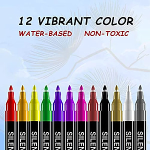 SILENART Paint Pens for Rocks. Acrylic Paint Pens Paint Markers for Wood, Canvas, Mentol, Plastic, Glass, Fabric. Set of 12 Paint Markers Fine Tip, Including Portable Bag
