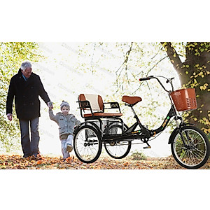 DONGSHAN Tricycle Adult 20'' 3-Wheel Bicycle Folding Bikes Comfortable seat, Rear Enlarged Food Basket Shock-Absorbing Front Fork for Parents to Pick up and Drop Off Children Load 440lbs (Black)