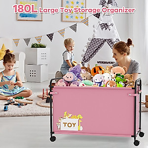 JBBTOOL Toy Box Storage, 180L Extra Large Toy Chest with 360° Wheels, Oxford Cloth Metal Toy Box for Boys, Girls, Stuffed Animals, Clothes, Bedroom, Living Room (Pink)