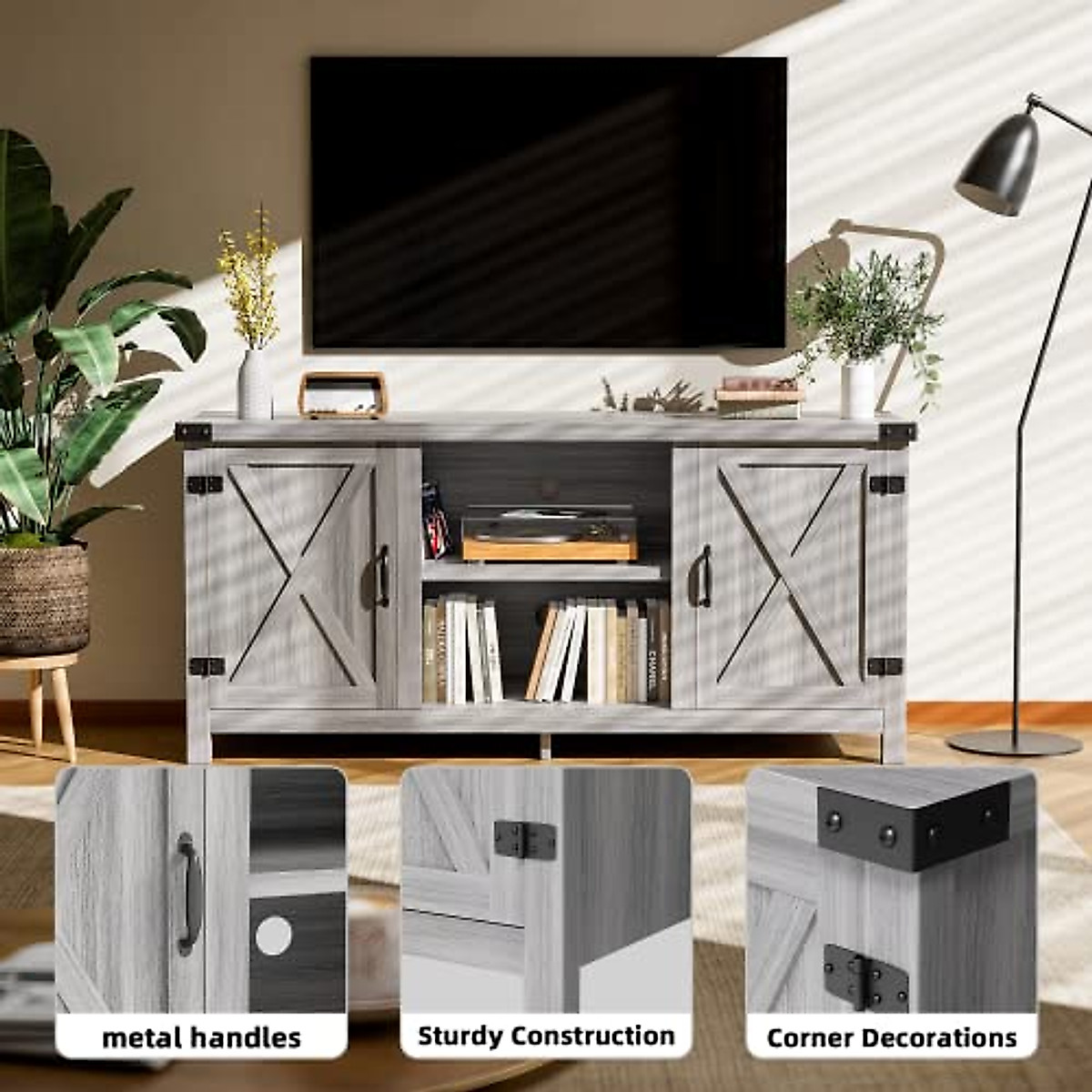 JUMMICO Farmhouse TV Stand for 65 Inch TV, Mid Century Modern Television Stand Entertainment Center for Living Room Bedroom, TV Console Table with Double Barn Doors and Storage Cabinets (Grey)