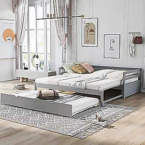 KLMM Extendable Daybed with Trundle, Twin or Double Twin Foldable Daybed, Solid Wood Sofa Bed Designed for Bedroom/Living Room/Apartment/Hotel (Gray_Simple)