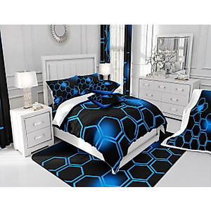 Feelyou Blue and Black Bedding Duvet Cover Set Queen Size Honeycomb Bedding Set for Kids Boys Girls Decor Geometrical Comforter Cover Set Beehive Pattern Blue Bedspread Cover Bedroom Bedclothes