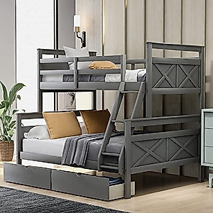 Twin Over Full Bunk Bed with Storage Drawers, Solid Wood Bunk Bed Frame for Kids, Teens, Adults (Gray)