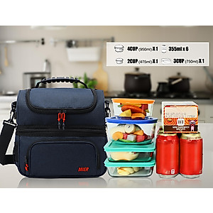 MIER Dual Compartment Lunch Bag Tote with Shoulder Strap for Men and Women Insulated Leakproof Cooler Bag, Dark Blue