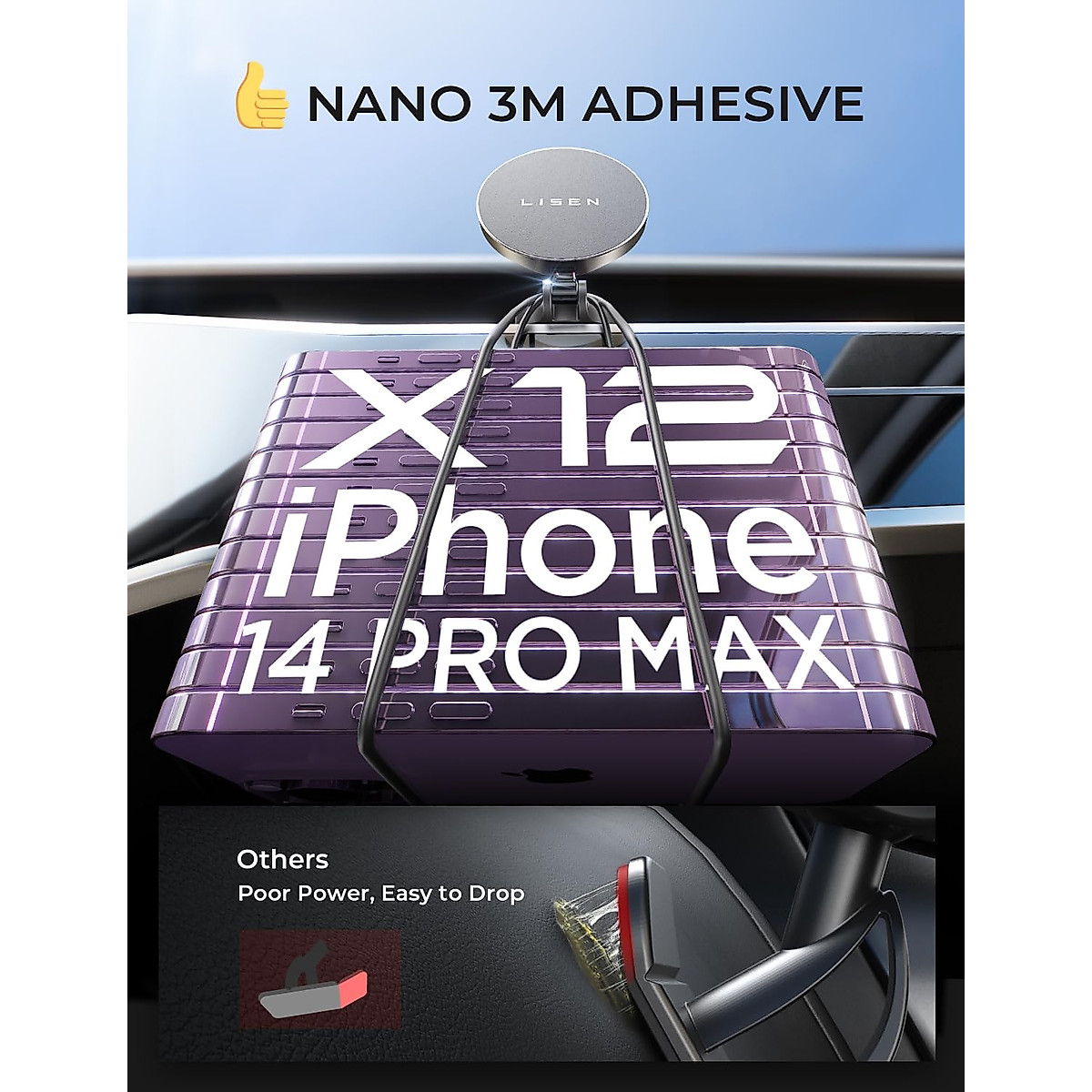 LISEN Magnetic Car Phone Holder for 6 Strong Magnets, 360 Rotatable, Fits 4.7-7.0in Phones, Universal Compatibility