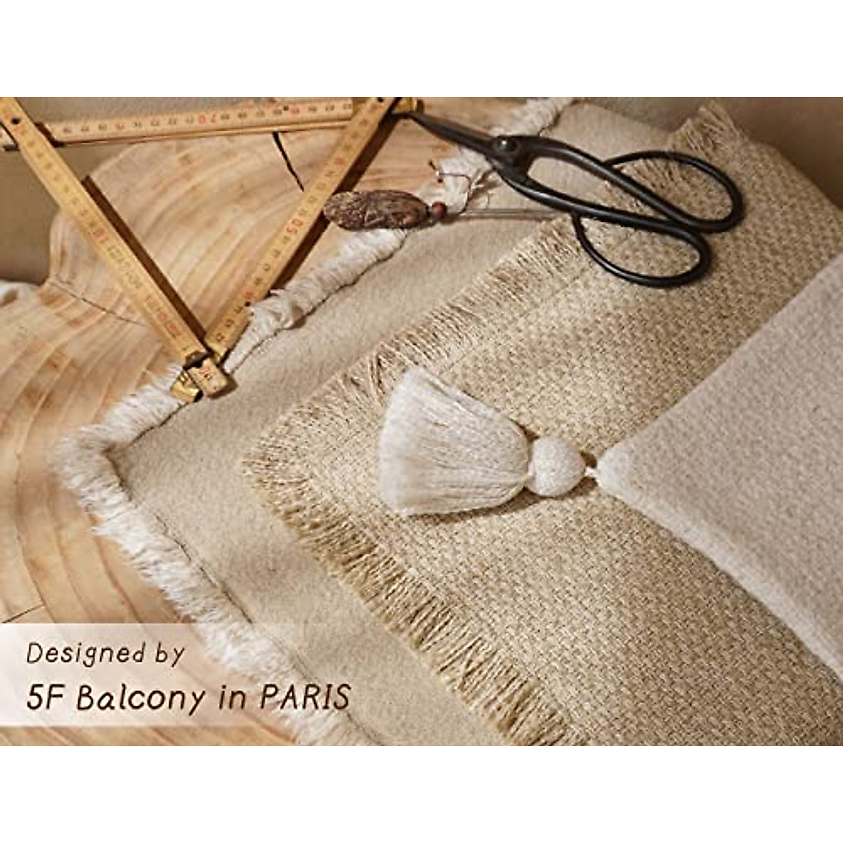 5F Balcony Decorative Boho Linen Throw Pillow Cover with Handmade Fringes - Neutral Beige Pillow Cover 18 × 18, Soft Solid Square Cushion Cover for Couch Bed Patio Outdoor