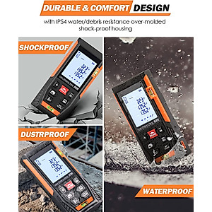 Classic Laser Measure，Digital Laser Measure w/2 Bubble Levels, M/in/Ft/Ft+in Unit Change, Large Backlit LCD, IP54 Shockproof & Waterproof, Live Measuring, Area, Volume, Pythagoras