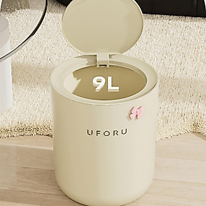 PPUMP Living Room Garbage Can, Round Trash Bin,Trash Can with Lid, Small Kitchen Garbage Can Cream Color, Vanity Wastebasket Trash Bin, Trash Bin, Cute Modern Waste Basket for Living Room Toilet