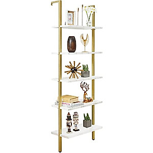 SUPERJARE Vanity Desk, Makeup Vanity with Stool & Tri-fold Lighted Mirror and Modern Ladder Shelf, 5-Tier Open Wall-Mounted Bookshelf with Stable Metal Frame