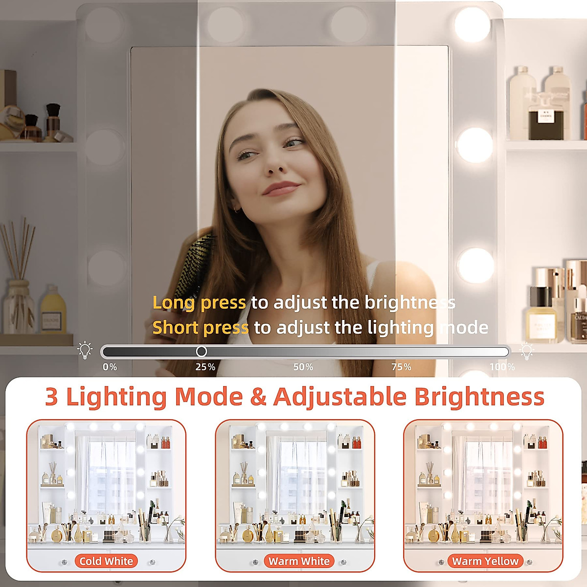 AODAILIHB Vanity Desk with Mirror and Lights, 35" Makeup Vanity Dressing Table with Vanity Stool/2 Drawers/Open Shelves/3 Color Lighting Modes & Brightness Bedroom Furniture (White)