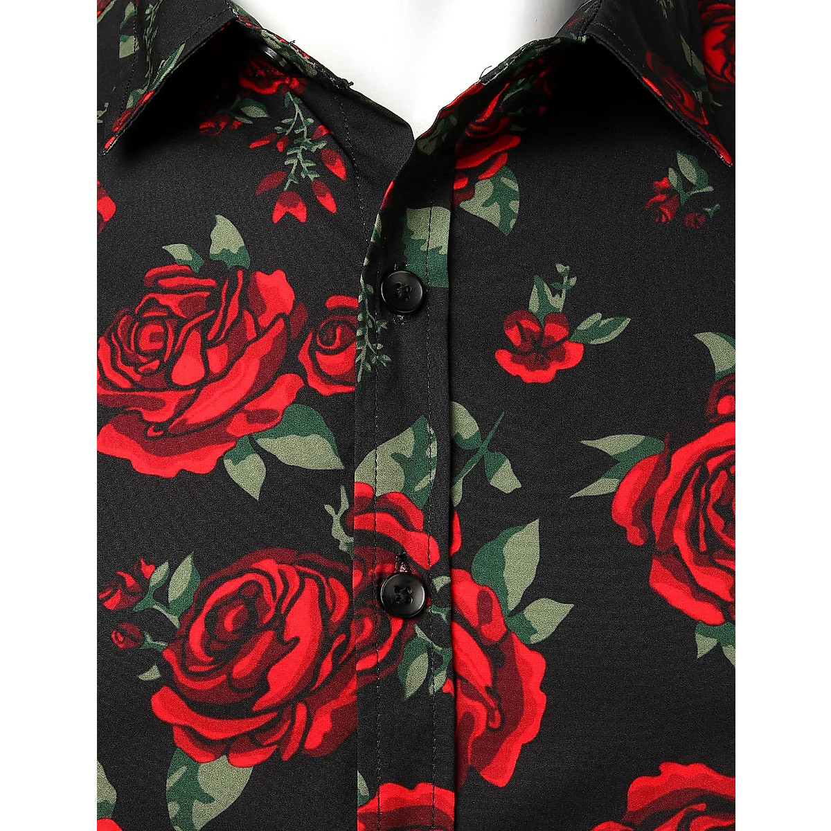 ZEROYAA Mens Fashion Urban Design Polyester Slim Fit Long Sleeve Rose Printed Button Up Dress Shirts ZLCL21-Black Small