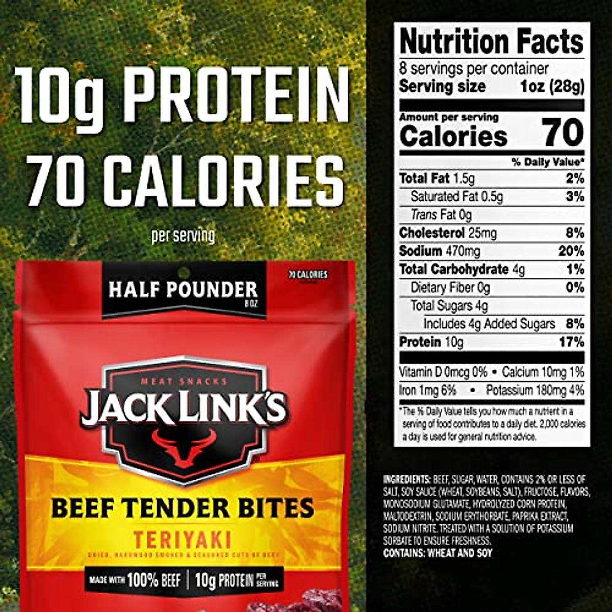 Jack Link's Beef Tender Bites, Teriyaki, ½ Pounder Bag - Flavorful Jerky Snack for Lunches, 10g of Protein and 70 Calories, Made with Premium Beef - No Added MSG or Nitrates/Nitrites (Packaging May Vary)
