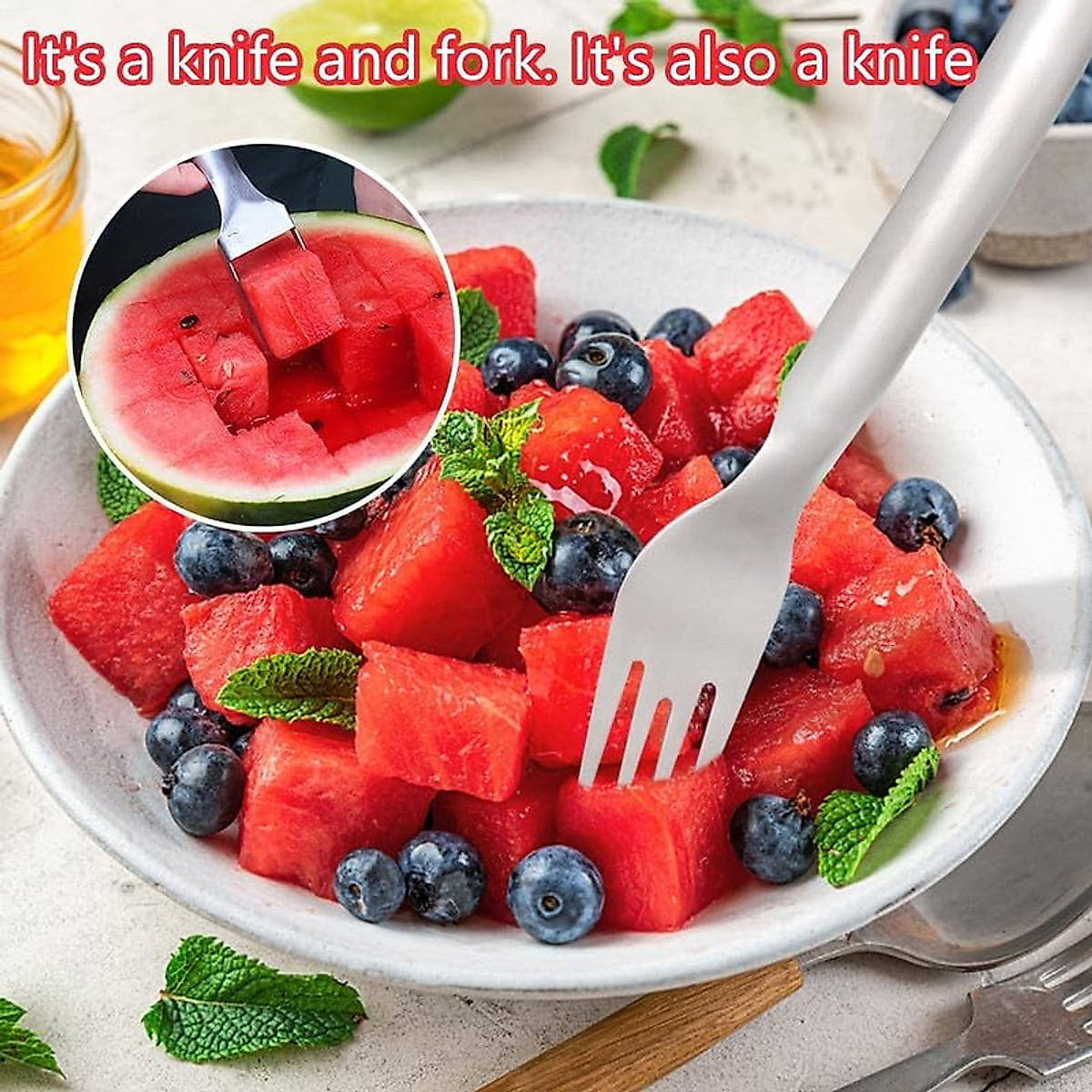 2024 Watermelon Cutter, 2-in-1 Stainless Steel Fruit Knife Watermelon Fork Slicer Cutter Slicer Tool Dual Head Fruit Forks Slicer Knife Summer Portable Fruit Cutting Knife Fork for Home (1, C)