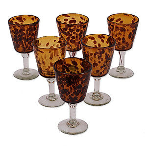 NOVICA Artisan Handmade Recycled Ecofriendly Wine Glasses Fair Trade Mexico Brown Tableware Drinkware Cocktail Backyard Barbeque [7in H x 3.9in Diam. 9 Oz.] 'Tortoise Shell' (Set of 6)