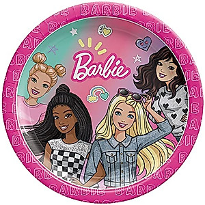 Barbie Party Supplies Bundle includes 24 Dessert Cake Paper Plates and 1 Dinosaur Sticker Sheet