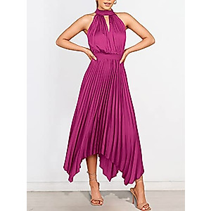 ANRABESS Women's Sleeveless Cutout Halter Neck Satin Formal Dress Smocked Pleated Asymmetric Party Cocktail Maxi Dress Elagant Wedding Guest Evening Graduation Prom Dress 752meihong-M Rose