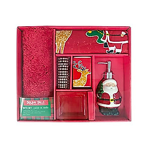 Indecor Home 17-Piece Ceramic Bathroom Accessory Set with Shower Curtain, 12 Hooks, Soap Pump, Toothbrush Holder, Soap Dish and Bath Rug Box Gift Set for Christmas Xmas (Santa)