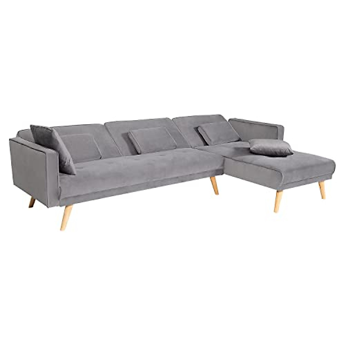 Penifun L Shaped Couch Sectional Sofa 3 seat Set for Living Room, 104.5" W 3 Seater Right Chaise Lounge, Convertible Folding Futon Bed Sleeper with 3 Pillows & 3 Backrest Settings-120°/150°/180°, Gray