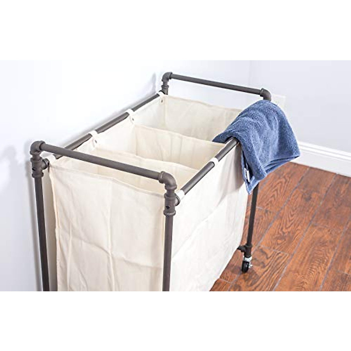 Real Home Innovations 028-28003 Modern Industrial Style 3 Section Laundry Sorter, 33.24” W x 17.10” D x 30.50”H, Satin Pewter