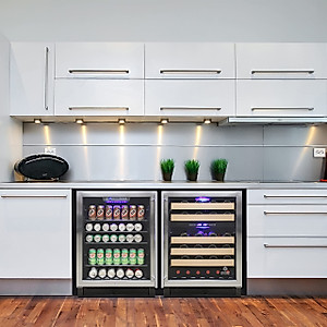 Vinotemp EL-46WCST 46 Bottle Cooler Refrigerator Freestanding or Built-in Wine Fridge with Dual Zone Temperature Control, Front Venting with Glass Door and Safety Lock, Black, Stainless w/Wood Shelves