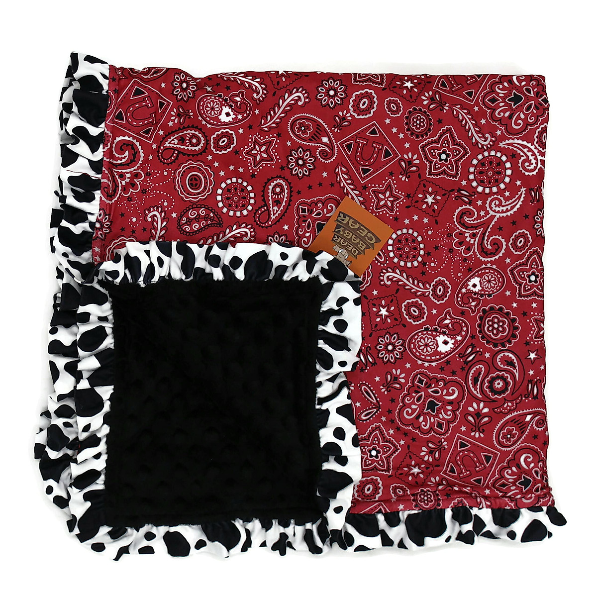 Dear Baby Gear Farm Deluxe Baby Blanket - Reversible, Milestone & Newborn Gifts for Girls and Boys - Red Handkerchief Blanket with Black Dot and Cow Print Ruffle - 33 x 33 Inches