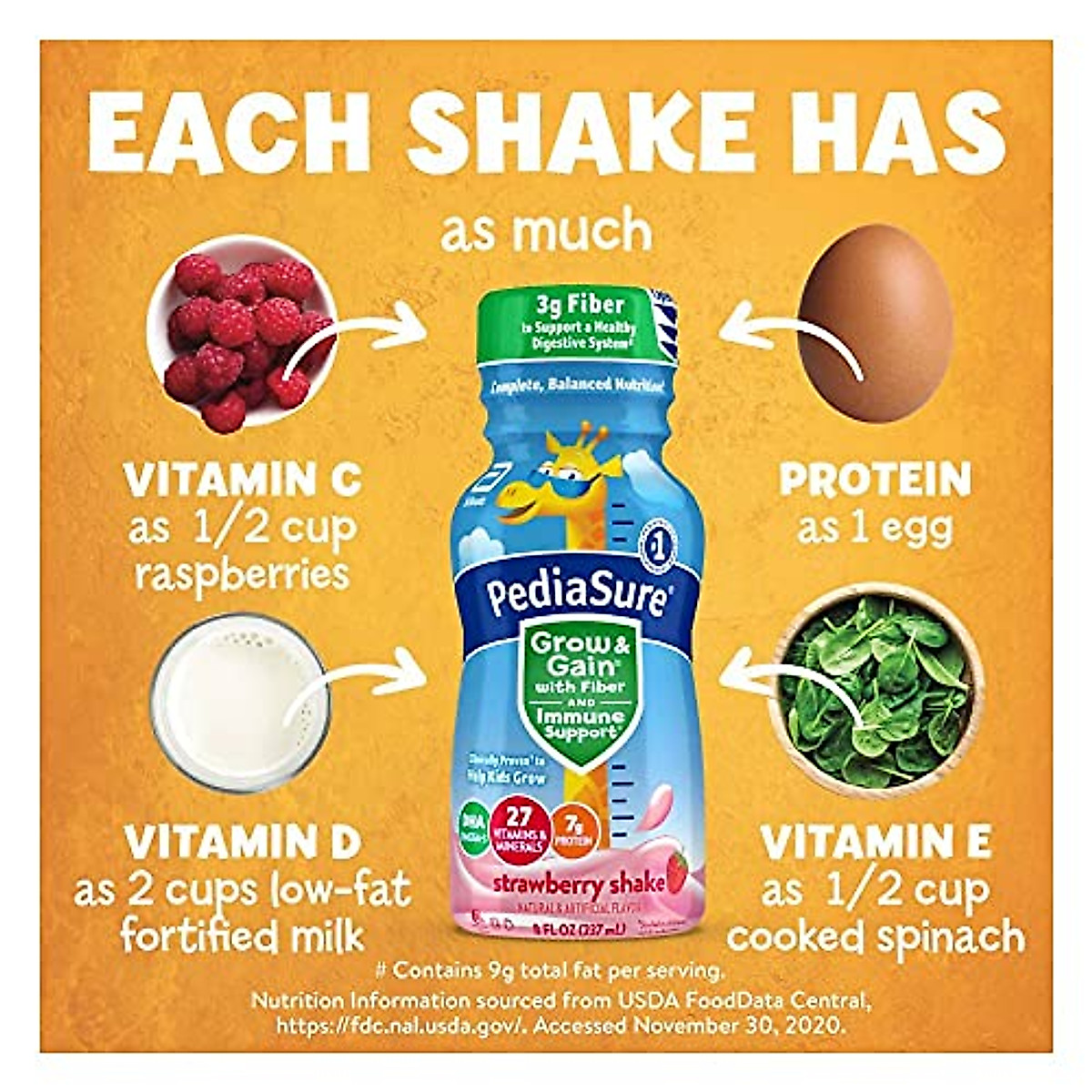 PediaSure Grow & Gain With Fiber, Kidsâ€™ Nutritional Shake, With Protein, DHA, And Vitamins & Minerals, Strawberry,8 Fl Oz (Pack of 6)