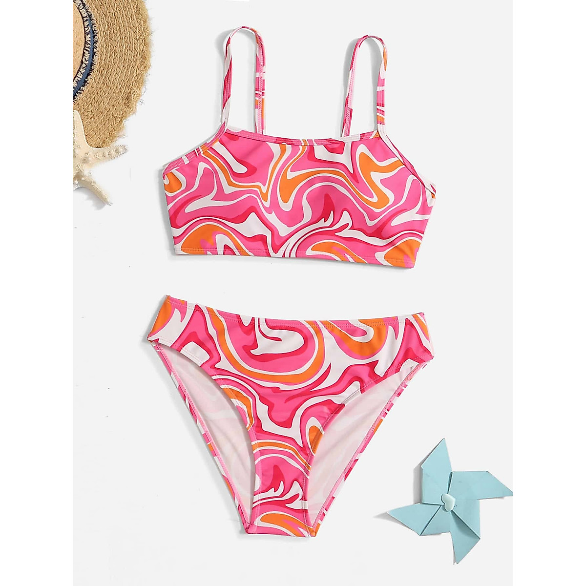 WDIRARA Girl's Swimwear Beach Sport All Over Marble Print 2 Piece Bikini Preppy Swimsuit Bathing Suits Pink and Orange 10-11Y