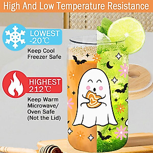 KIKUHE Halloween Ghost Iced Coffee Glass Cups, 16oz Cute Floral Ghost Glass Cups with Lids and Straws, Halloween Gifts, Cute Spooky Gifts for Her, Spooky Halloween Tumbler Mug for Women Girls Kids