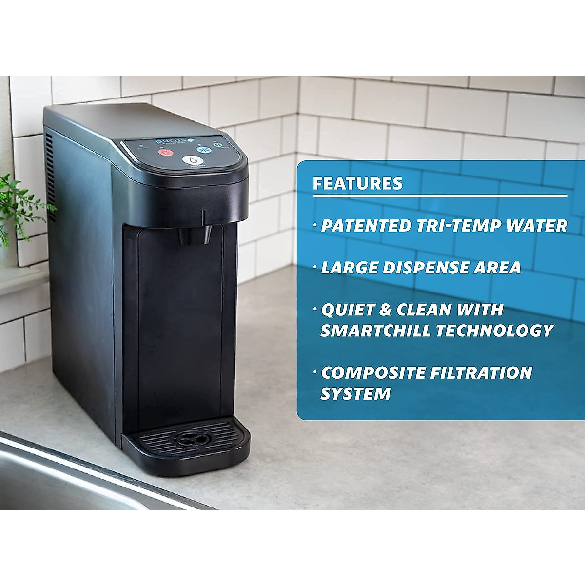 Purus Innovations Countertop Water System, Tri-Temp, Self-Cleaning with Smartchill*, for Home or Small Office. Features Patented ThermaRinse/SmartChill Technology..*Requires Drain Connection
