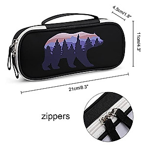 Bear Roaming The Forrest PU Leather Pencil Pen Case Organizer Travel Makeup Handbag Portable Stationery Bag