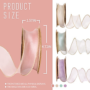 Ornales Sheer Wired Organza Ribbon,Chiffon Ribbon with Golden Edge for Gift Wrapping, DIY Crafts Bouquet Garland Baking Decoration 1-1/2 in x 10-Yd (Light)