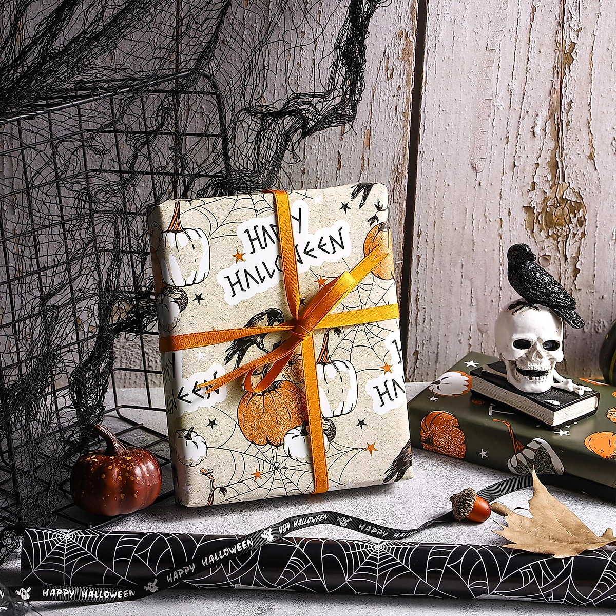 LeZakaa Halloween Wrapping Paper Roll - Mini Roll - Spooky Design with Pumpkins, Ravens, Spider Webs for Gift Wrap, DIY Craft - 17 x 120 inches - 3 Rolls (42.5 sq.ft.ttl.)