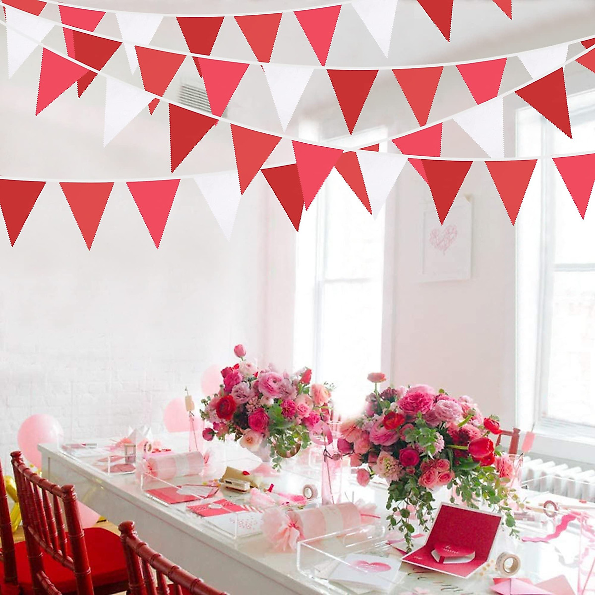 32Ft Red Pennant Banner Fabric Triangle Flag Bunting Garland Streamers for Wedding Engagement Bridal Shower Anniversary Bachelorette Birthday Party Home Outdoor Garden Hanging Festivals Decoration