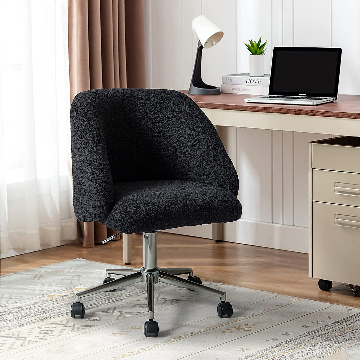 HULALA HOME Sherpa Home Office Desk Chair, Comfy Upholstered Adjustable Height Task Chair, Lamb Fleece Vanity Chair for Bedroom, Study Room, Black