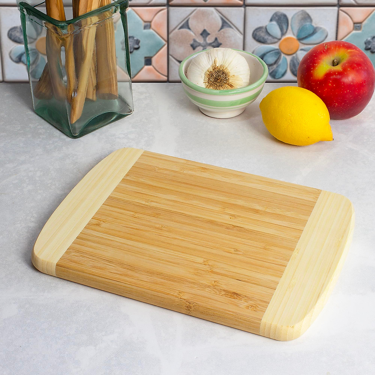 Totally Bamboo Hana Bamboo Serving & Cutting Board, 10" x 7-1/8", Natural Two Tone