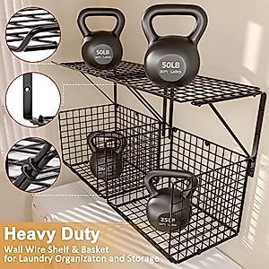 2 Pack Laundry Room Shelves Wall Mounted with Wire Baskets, Over the Washer and Dryer Shelf with Clothes Drying Rack, 8 Hooks, Wire Shelves Baskets for Laundry Closet Organization and Storage, Black