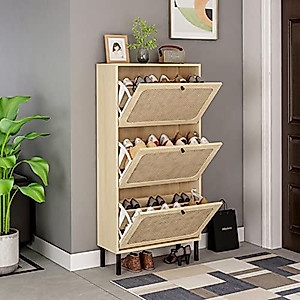 SSLine Farmhouse Shoe Cabinet with 3 Flip Down Storage Shelves Free-Standing Shoe Rack Rustic Wood Shoe Storage Organizer with Unique Rattan Decor for Entryway Hallway Doorway (D Type-Natural-3 Door)