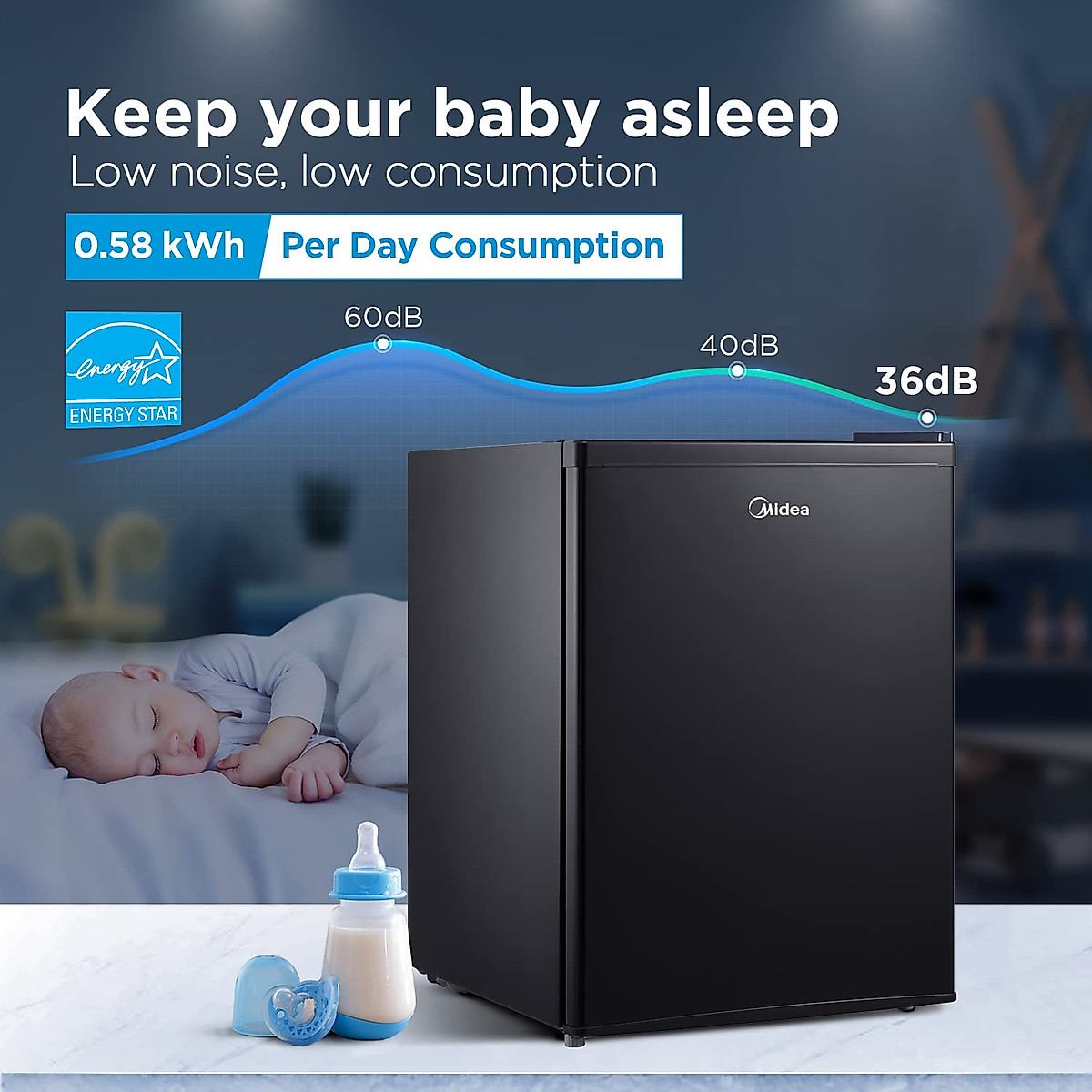 Midea WHS-87LB1 Refrigerator, 2.4 Cubic Feet, Black