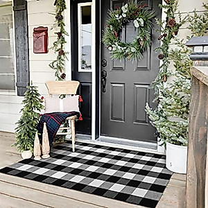 Buffalo Plaid Rug 3' x 5' Buffalo Check Rug Cotton Black and White Washable Checkered Outdoor Rug Carpet for Farmhouse Living Room/Dining Room/Bedroom
