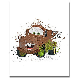 Cars Watercolor Prints - Set of 4 (8 inches x 10 inches) Wall Art Decor Kids Bedroom Photos Lightning McQueen Tow Mater Francesco Bernoulli Sheriff