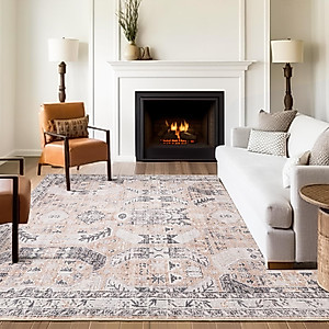 befbee Washable Rug 8x10 Area Rugs for Living Room - Stain Resistant Non-Slip Backing Rugs for Bedroom,Ultra-Thin Vintage Large Area Rug (Peach/Grey, 8'x10')