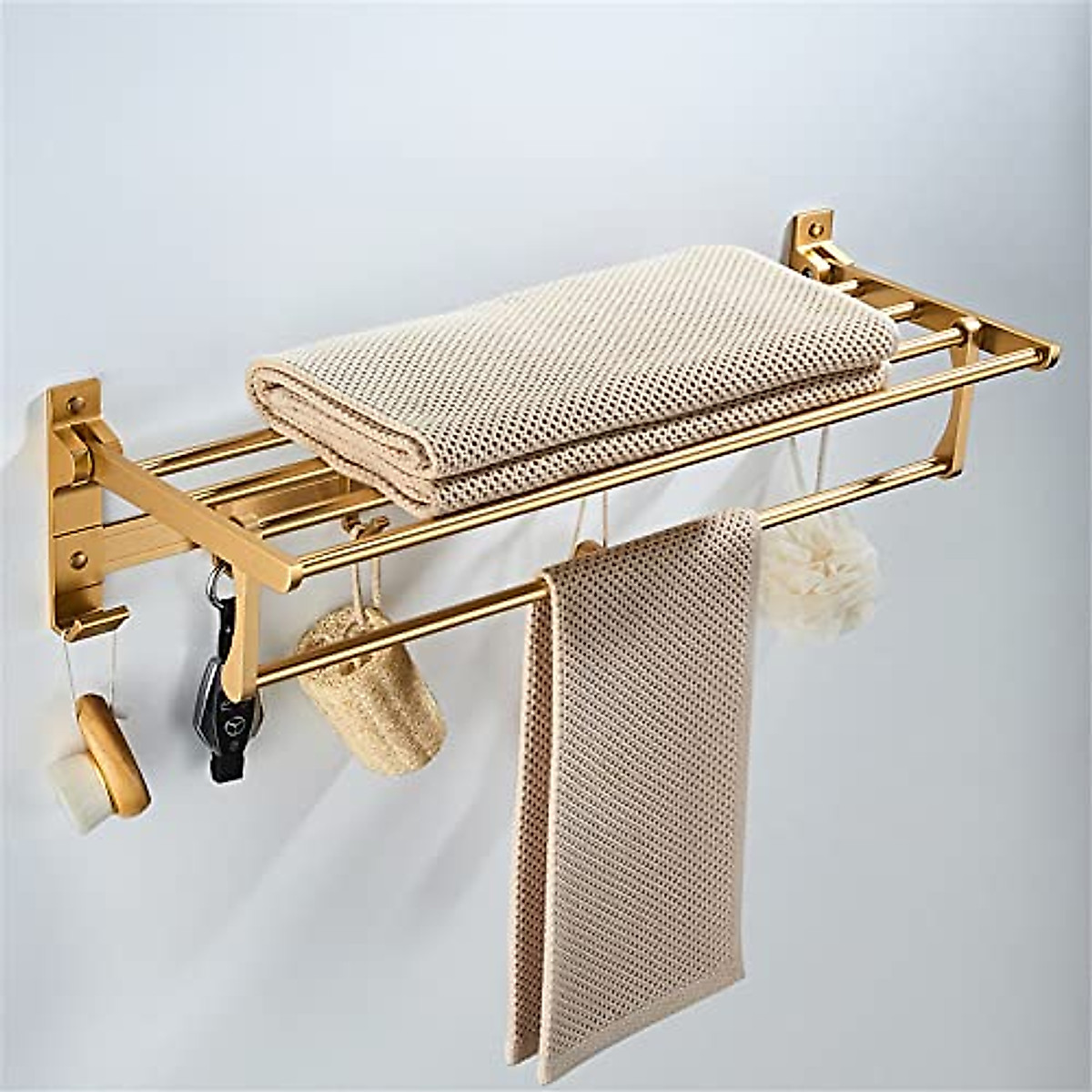 WANLIAN Towel Rack for Bathroom Adjustable 20 Inch Dual Towel Shelf with Double Bar Wall Mounted Stainless Steel Bath Towel Shelf Rack with Hooks Hotel Style Brass Gold (Gold)