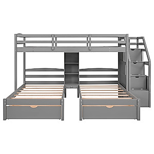 Triple Bunk Beds with Stairs , Wood Twin Over Twin & Twin Bunk Bed with Storage Drawers and Built-in Shelves, Triple Bed for Kids ,3 Bed Bunk Beds with Storage for Girls Boys ,Grey