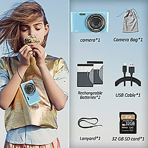 Digital Camera for Kids Teens Boys Girls Adults 4K 44MP with 32GB SD Card, 2.4 Inch Point and Shoot Camera with16X Digital Zoom, Compact Mini Camera Kids Camera for Students Seniors（Blue1）