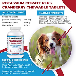 Potassium Citrate Plus Cranberry with Magnesium Supplement for Dogs (60 Tablets) - Urinary Tract Support - Helps Deter Formation of Calcium Oxalate Stones-Deters Bladder & Kidney Stones(Made in U.S.A)