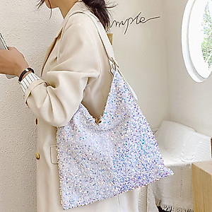 Meyaus Women Large Glitter Sequins PU Leather Shoulder Bag Armpit Bag Top-handle Bag