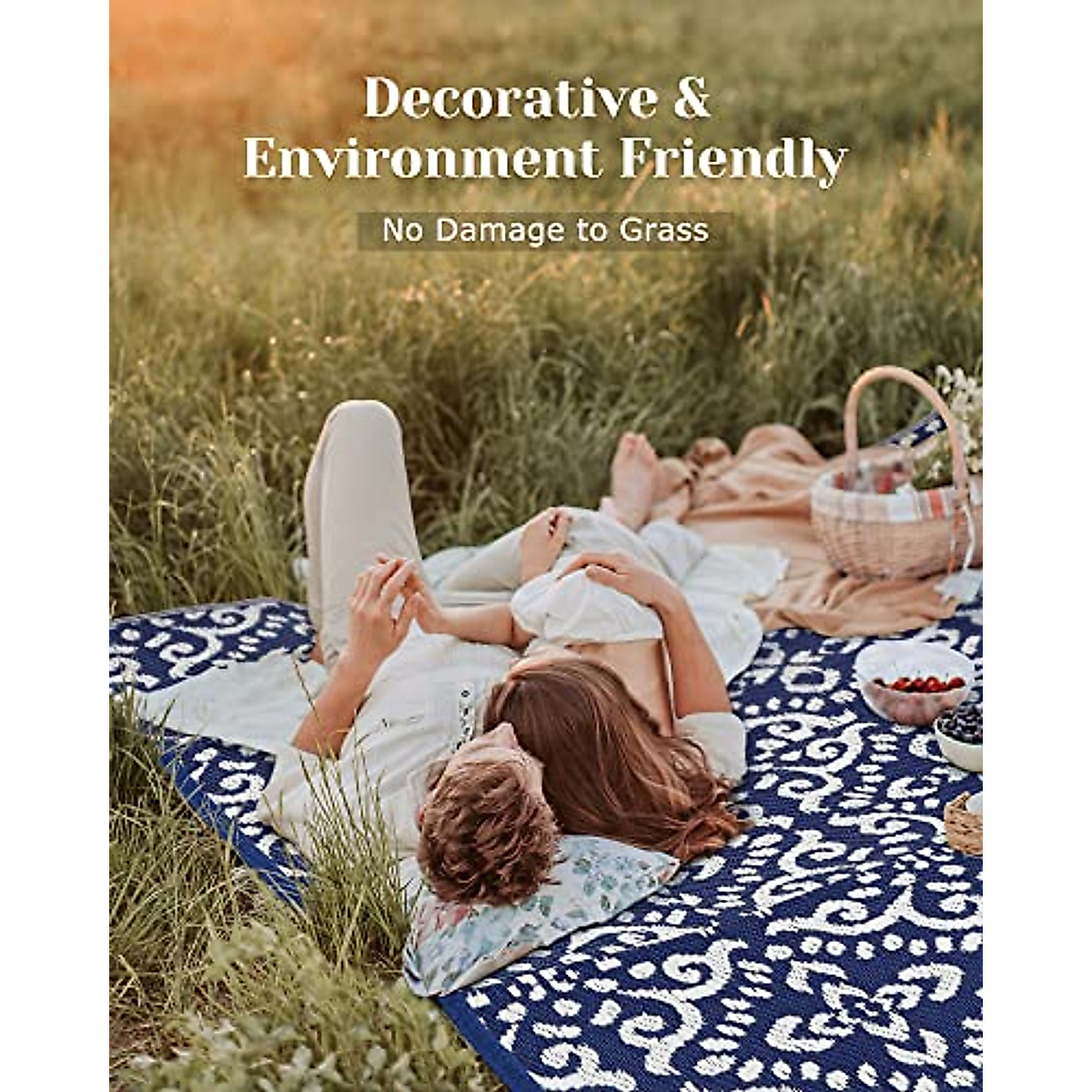 HOMEIDEAS Outdoor Rug, Waterproof Patio Plastic Straw Rugs, RV Reversible Camping Mat, Portable Area Rugs for Outdoors, Camping, Picnic, Beach, Backyard, Deck, Trailer, Navy Blue & White, 5' x 8'