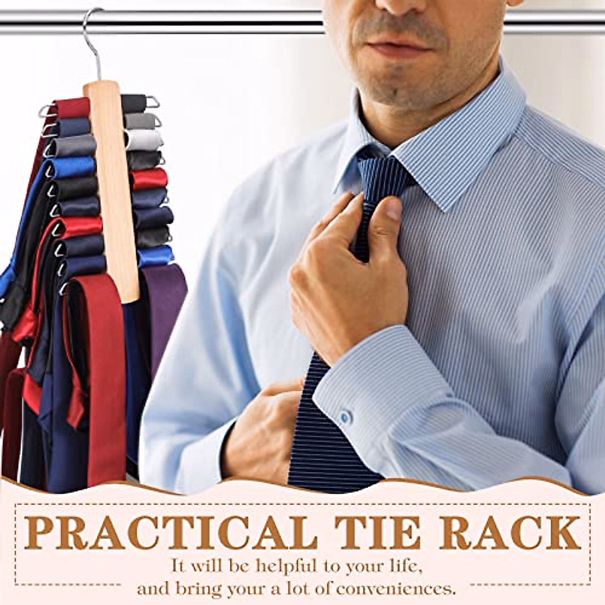 Yalikop Wooden Necktie and Belt Hanger 4 Pack Natural Finish Wood Center Organizer Tie Rack with Non-Slip Clips 20 Hooks 360 Degree Swivel Space Saving for Men Closet